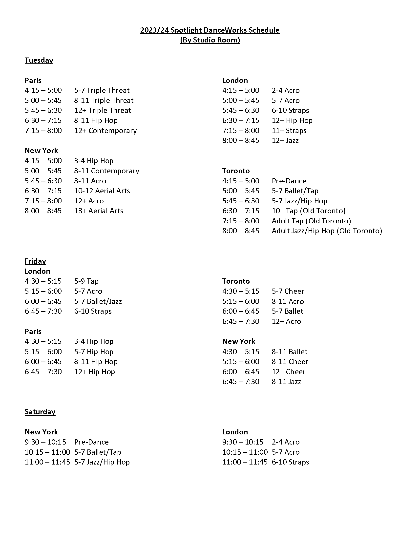 Recreational Schedule By Room - Spotlight Dance Works